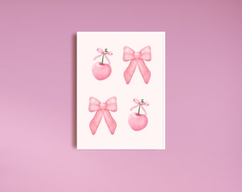 Cherry Wall Art Print, Trendy Pink Bows Coquette, Preppy Poster ...