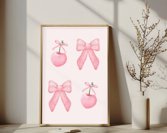Cherry Wall Art Print, Trendy Pink Bows Coquette, Preppy Poster ...