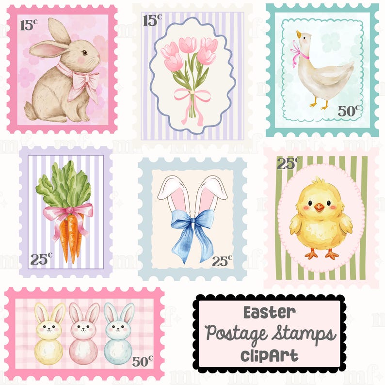 Easter Postage Stamp Clipart Bundle PNG – Vintage Bunny, Chick & Floral ...