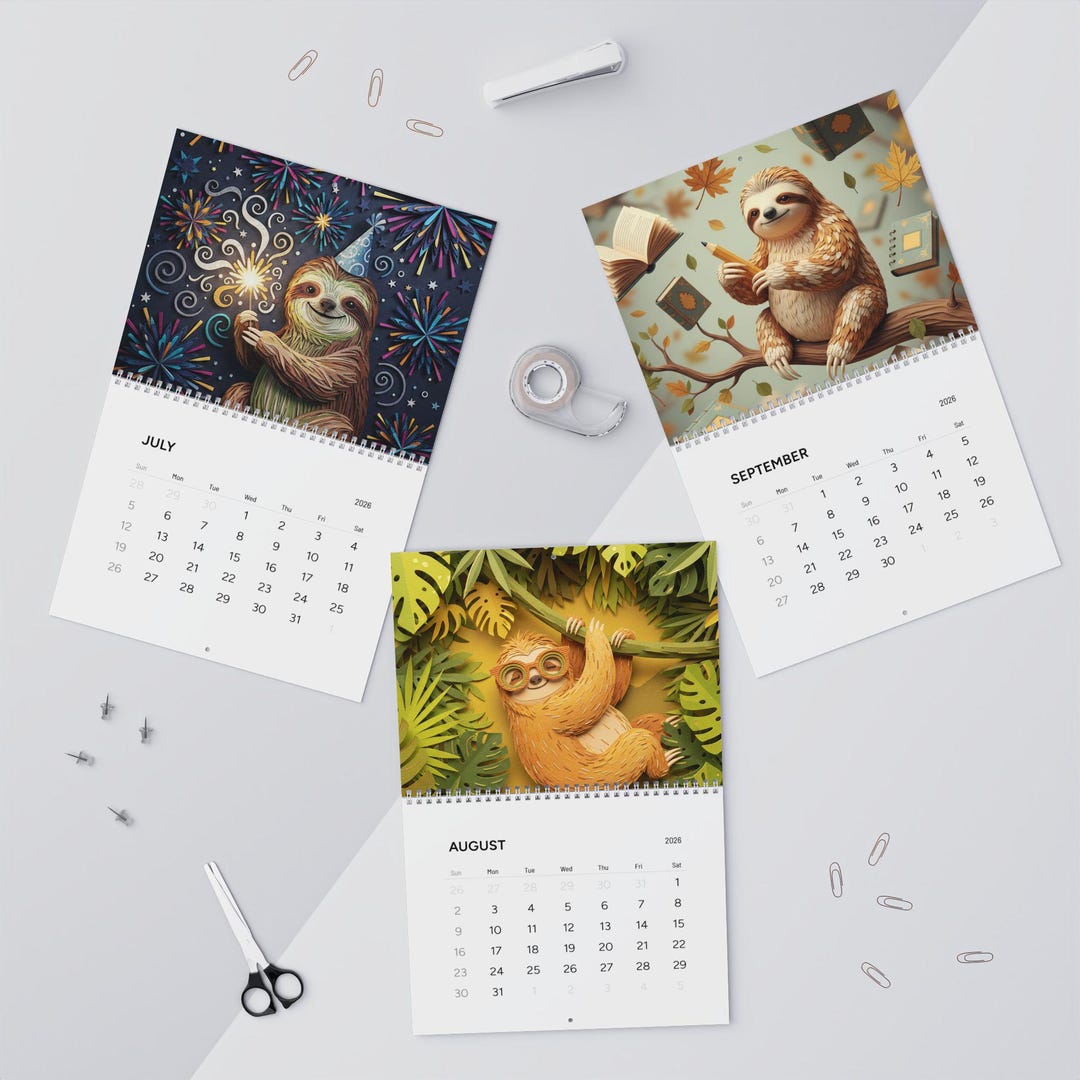 Sloth Art Wall Calendar 2026 | Monthly Animal Illustration - Etsy