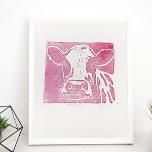 Pink Cow Linocut Print 8x11 - Etsy