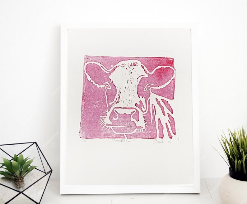 Pink Cow Linocut Print 8x11 - Etsy