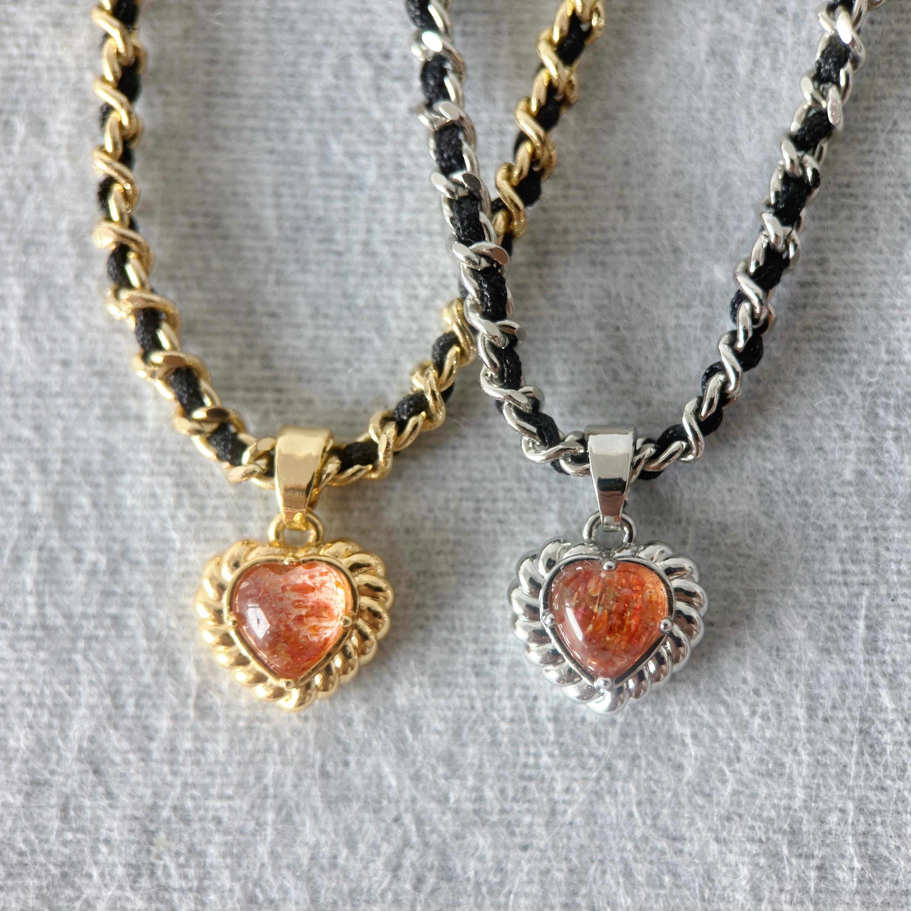 Sunstone Tiny Heart Necklace, Dainty Black and Gold Choker, Natural ...