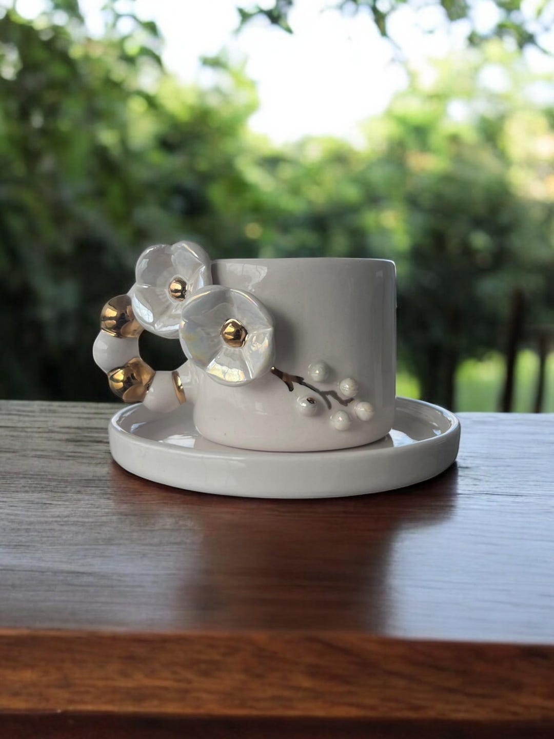 Floral Mug, Gold Handle Mug, Handmade Ceramic Mug, Elegant Coffee Mug ...