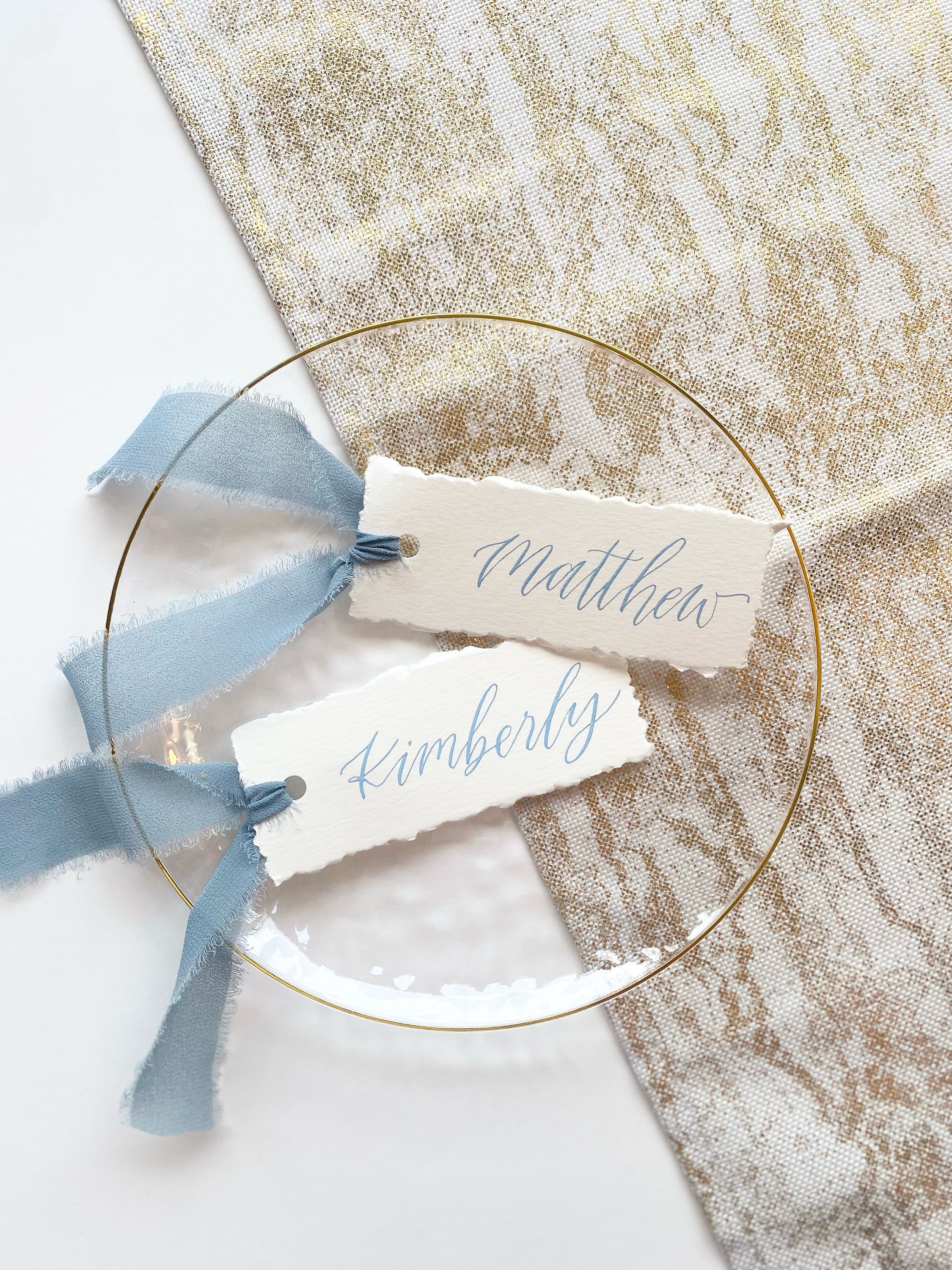 Dusty Blue Ink Deckled Edge Place Card With Matching Ribbon - 4in X 1. ...