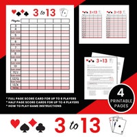 Printable Three Thirteen Score Sheets, 3-13 Card Game Score Cards ...