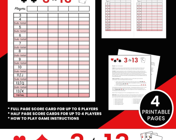 3-13 Game Score Sheets, Three Thirteen Card Game Score Sheets, 3 to 13 ...
