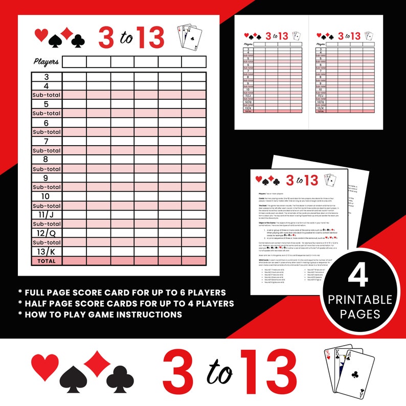 3 to 13 Card Game Score Cards - Etsy