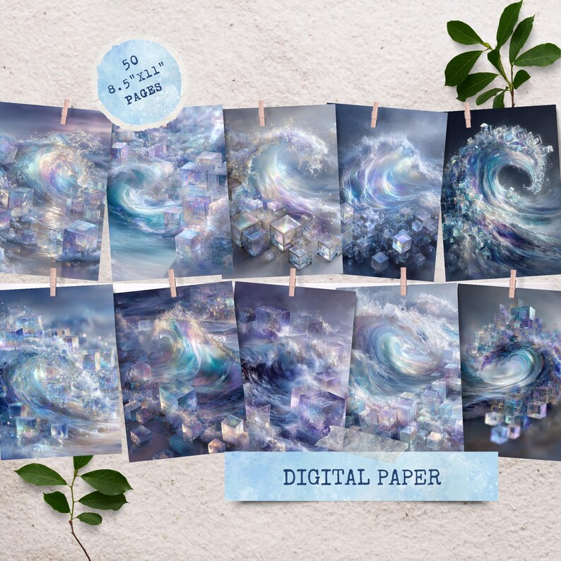 Ocean Wave Junk Journal Pages Printable, Crystal Cube Ephemera ...