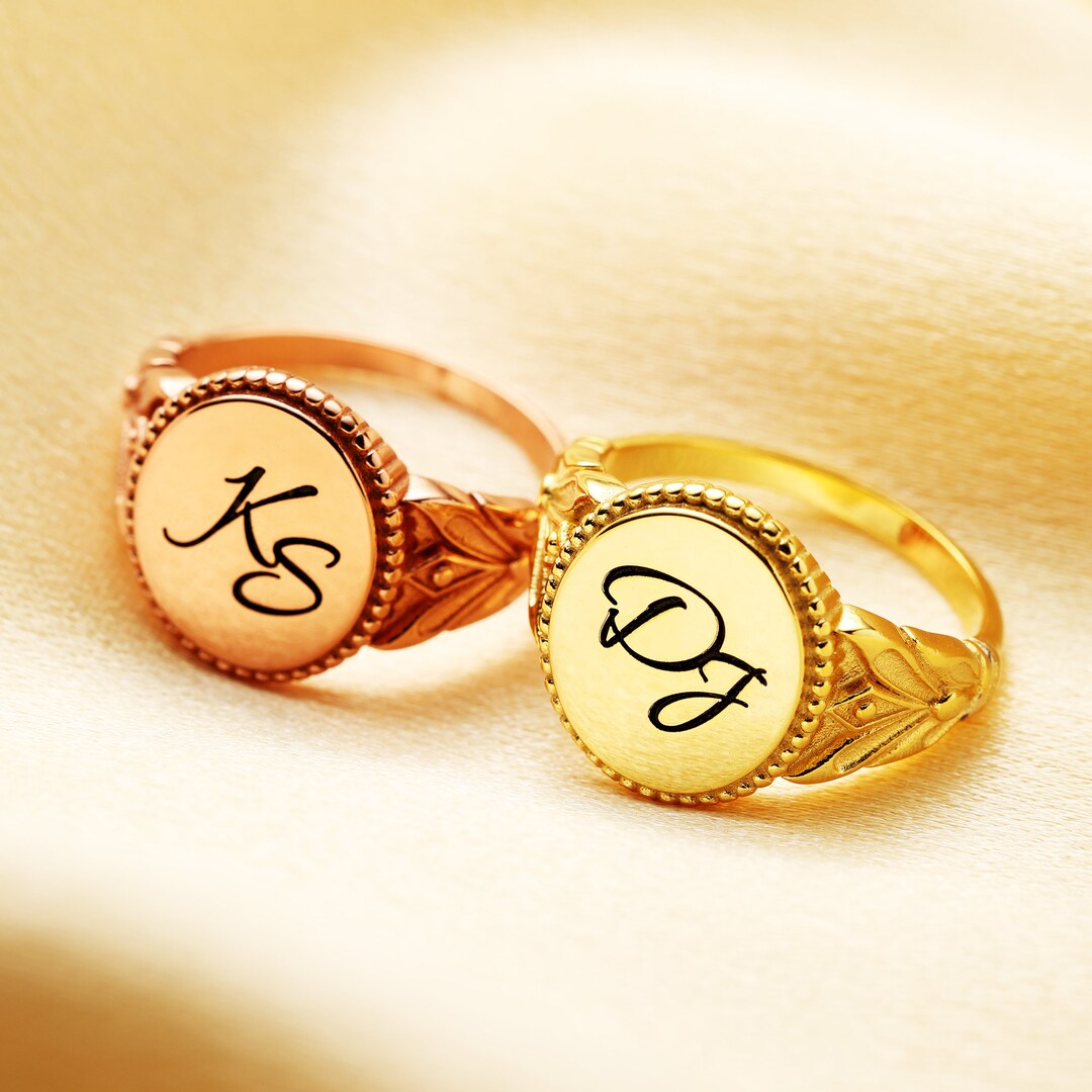Custom Script Letter Ring, Personalized Initial Ring, Unique Signet Jewelry, Ring With 2 ...