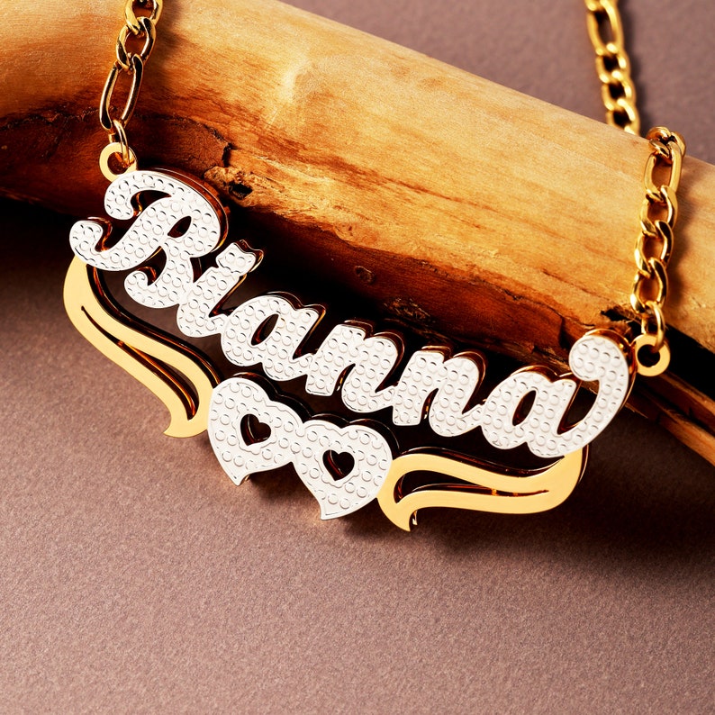 Double-layer Two-tone Name Necklace, Nameplate With Heart Pendant ...