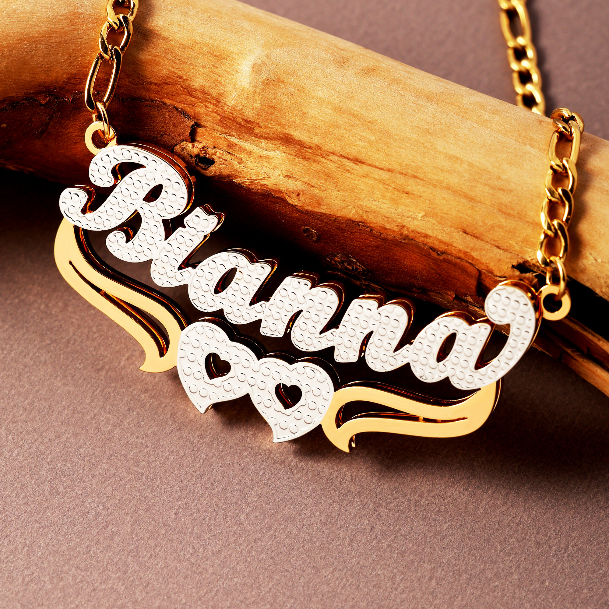Double-layer Two-tone Name Necklace, Nameplate With Heart Pendant ...