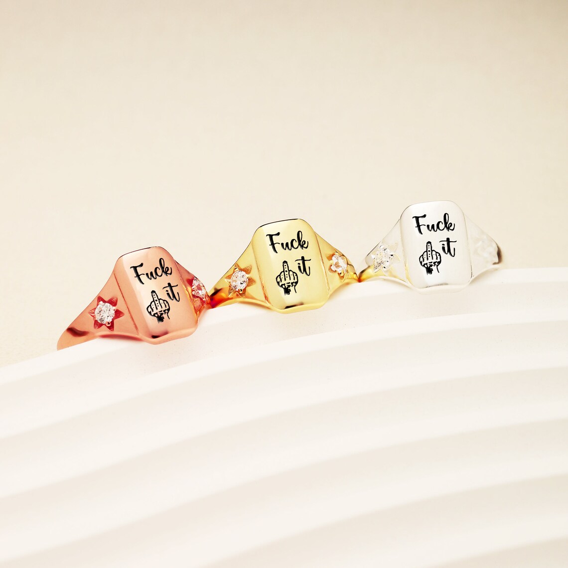 Fuck It Ring, Engraved Square Ring, Middle Finger Statement Ring, Gold ...