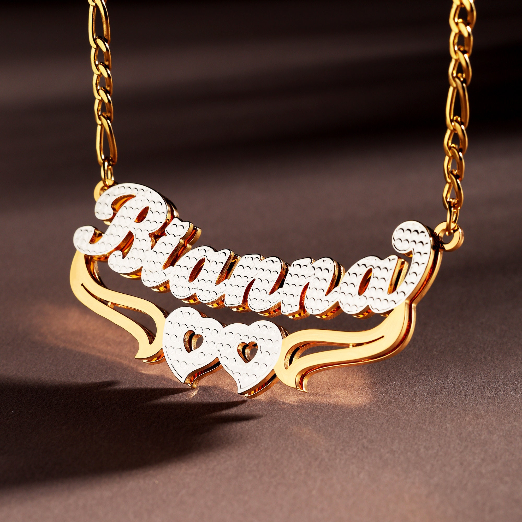Double-layer Two-tone Name Necklace, Nameplate With Heart Pendant ...