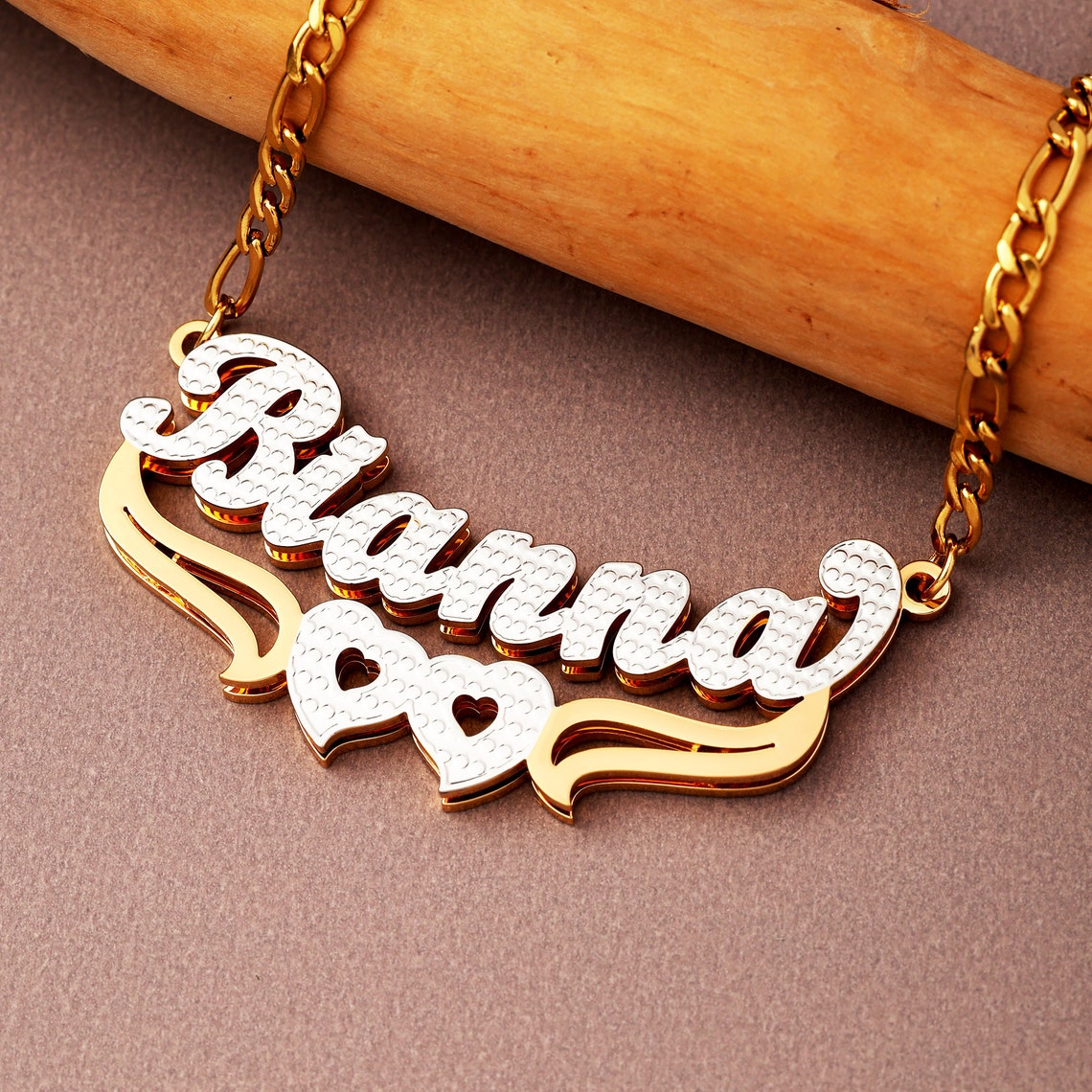 Double-layer Two-tone Name Necklace, Nameplate With Heart Pendant ...