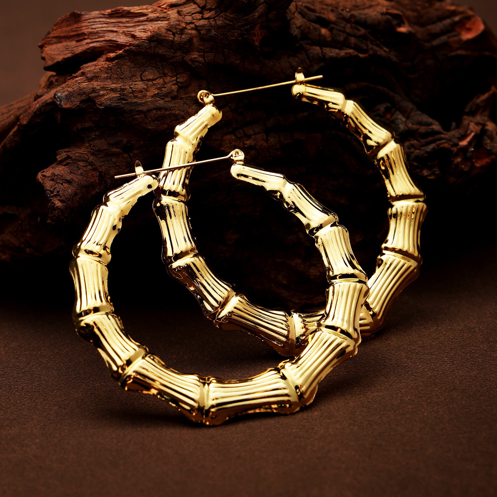 Custom Larger Bamboo Hoop Earrings, Chunky Hoop Earrings 30-100mm, Gold ...
