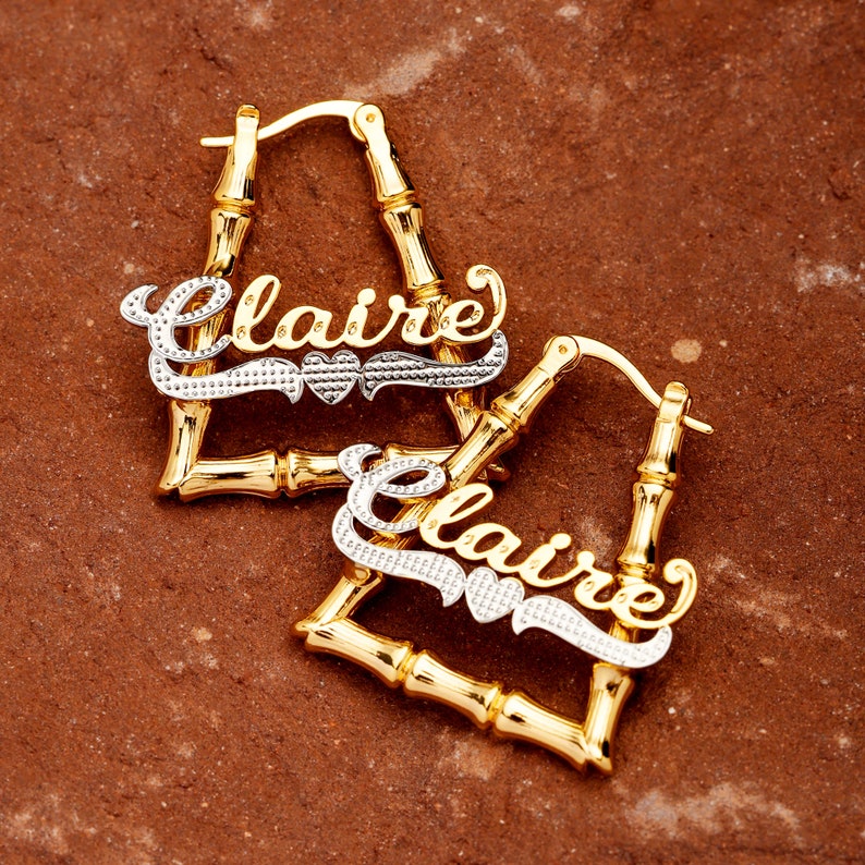 Personalized Gold-plated Large Triangle Bamboo Name Hoop Earrings ...