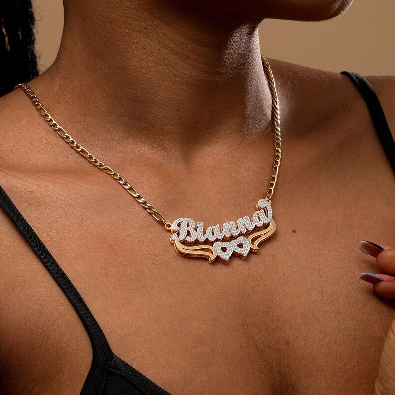 Double-layer Two-tone Name Necklace, Nameplate With Heart Pendant ...