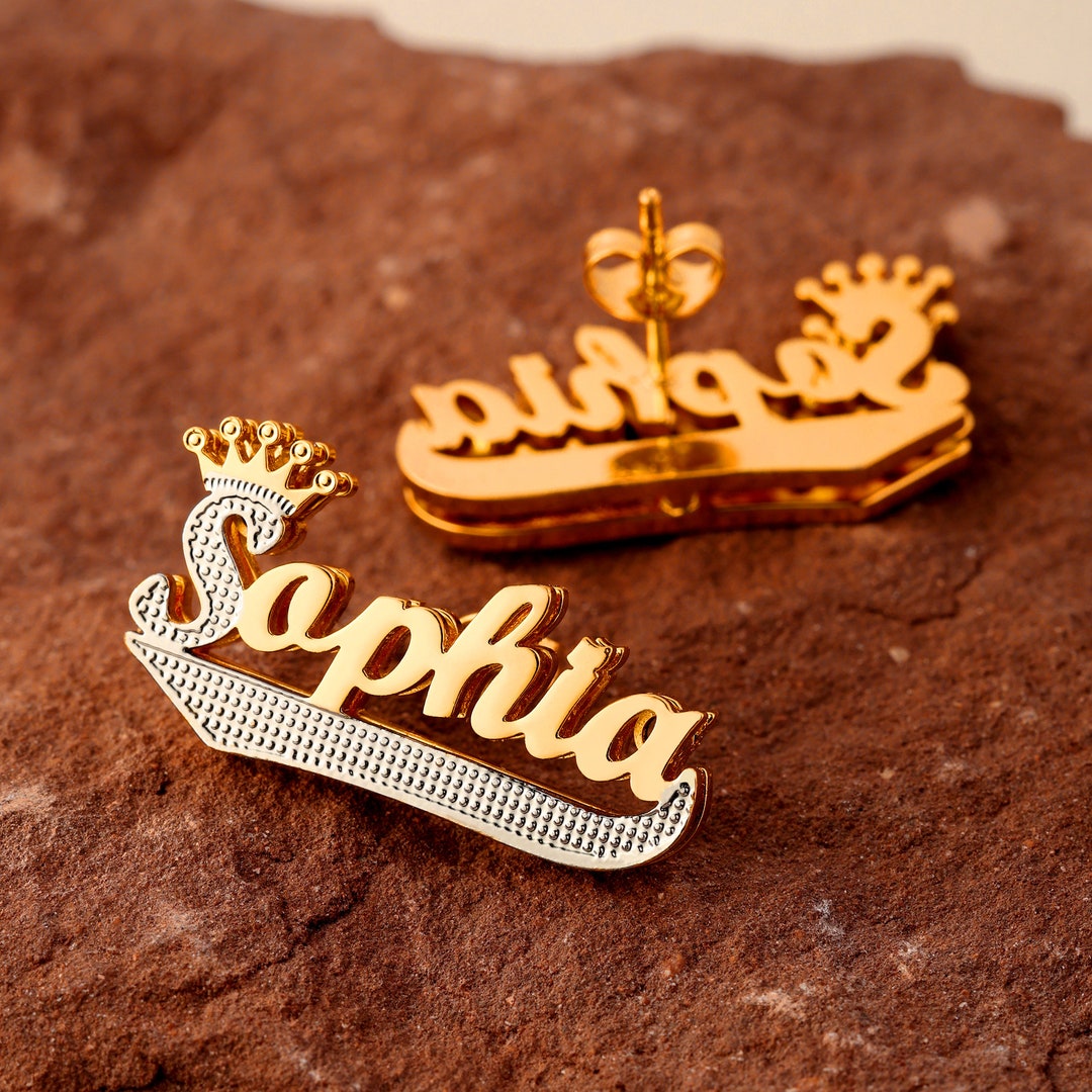 Custom Double Plated Earring, 14K Gold Name Studs, Silver and Gold 2 ...
