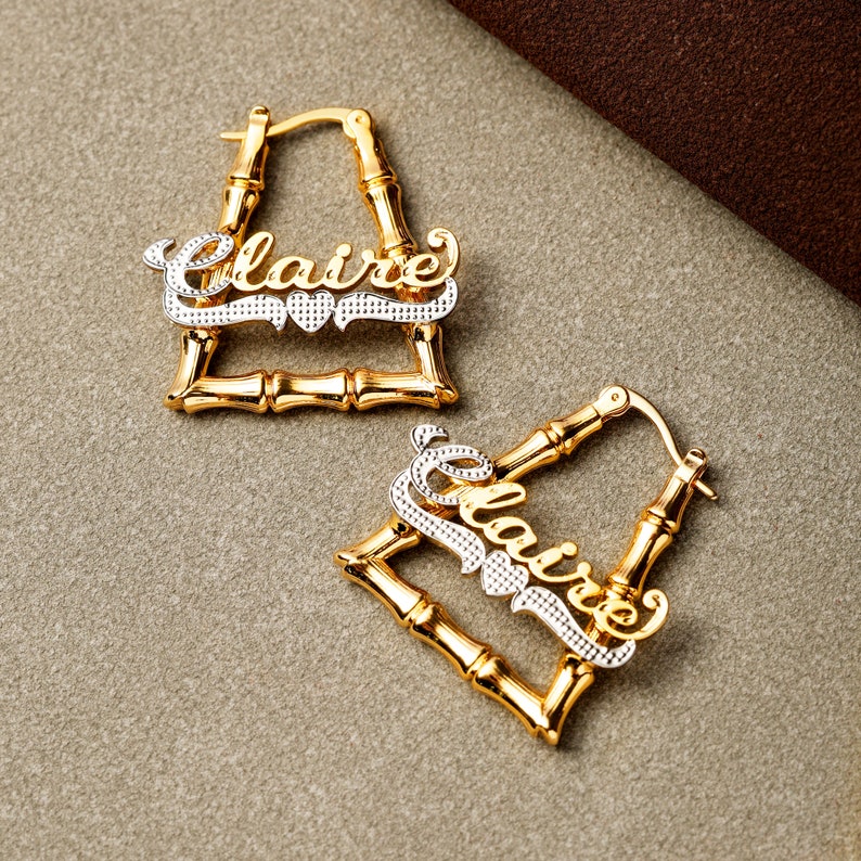 Personalized Gold-plated Large Triangle Bamboo Name Hoop Earrings ...