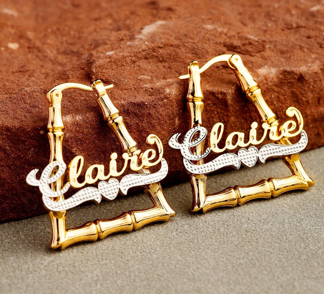 Personalized Gold-plated Large Triangle Bamboo Name Hoop Earrings ...