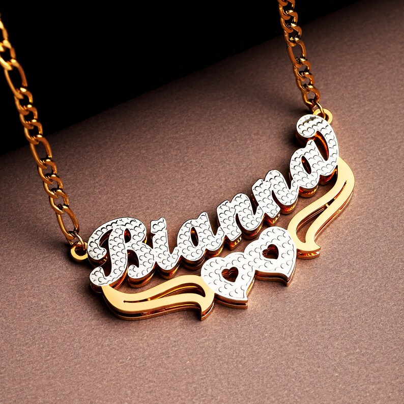 Double-layer Two-tone Name Necklace, Nameplate With Heart Pendant ...
