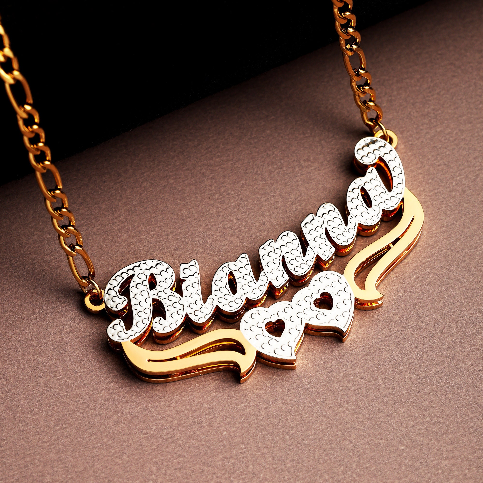 Double-layer Two-tone Name Necklace, Nameplate With Heart Pendant ...