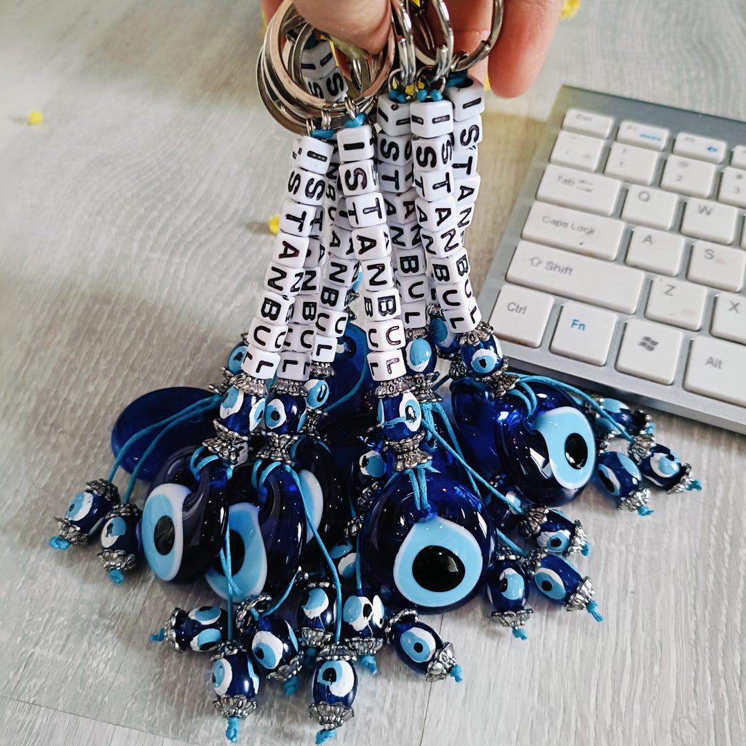 Istanbul Evil Eye Keychain Blue Glass Nazar Charm With Letter Beads ...