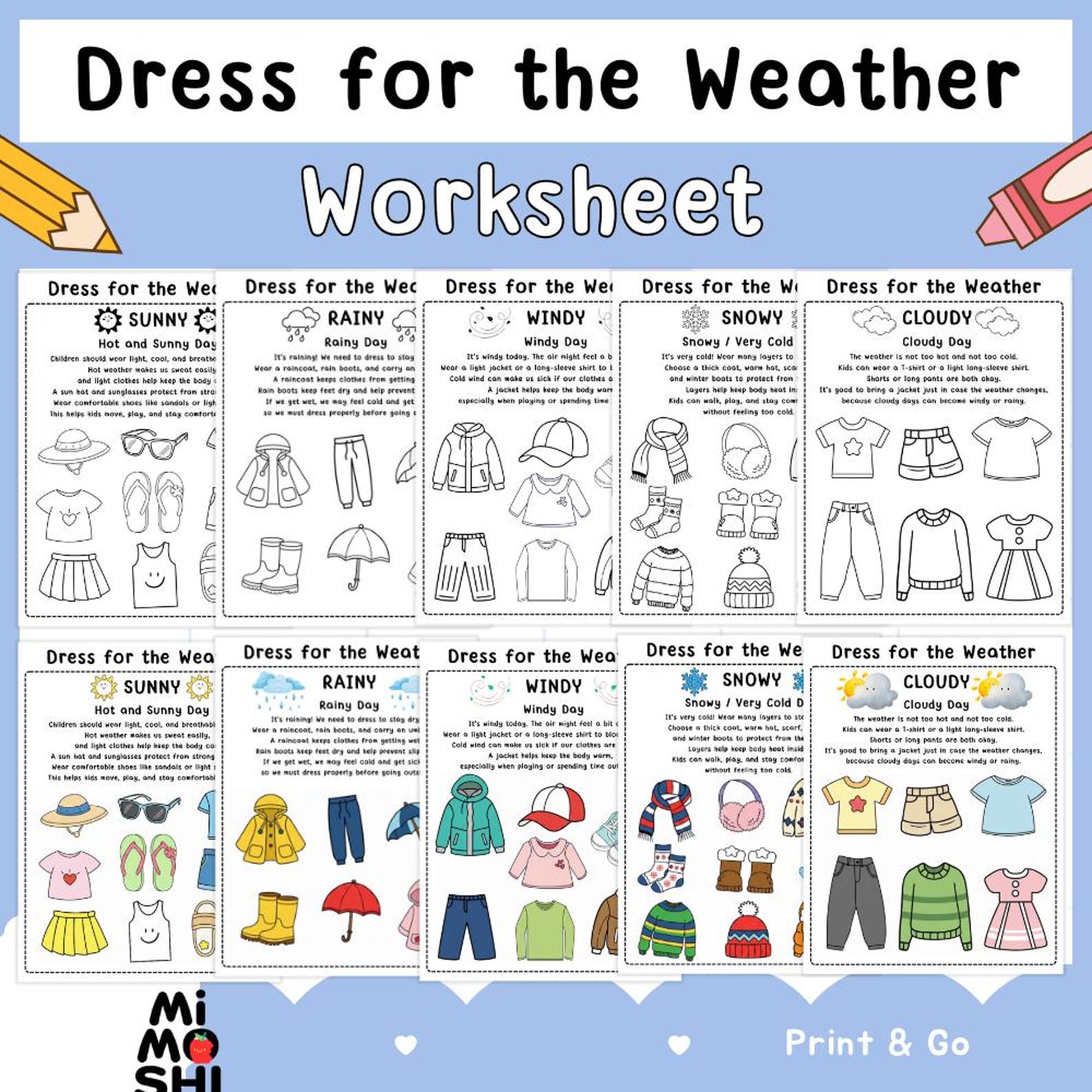 Weather Clothing Worksheet | Sunny, Rainy, Snowy, Windy Days (printable ...