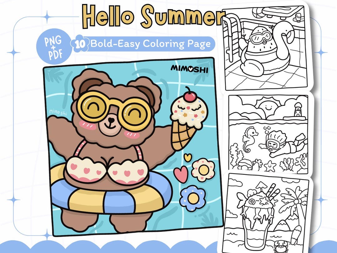Hello Summer Coloring Pages |cute Bear & Beach Fun Easy Bold Summer ...