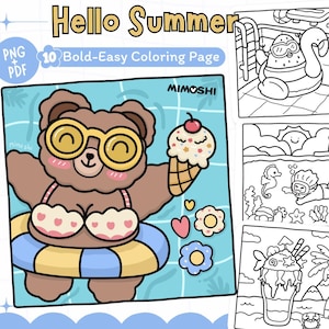 Hello Summer Coloring Pages |cute Bear & Beach Fun Easy Bold Summer ...