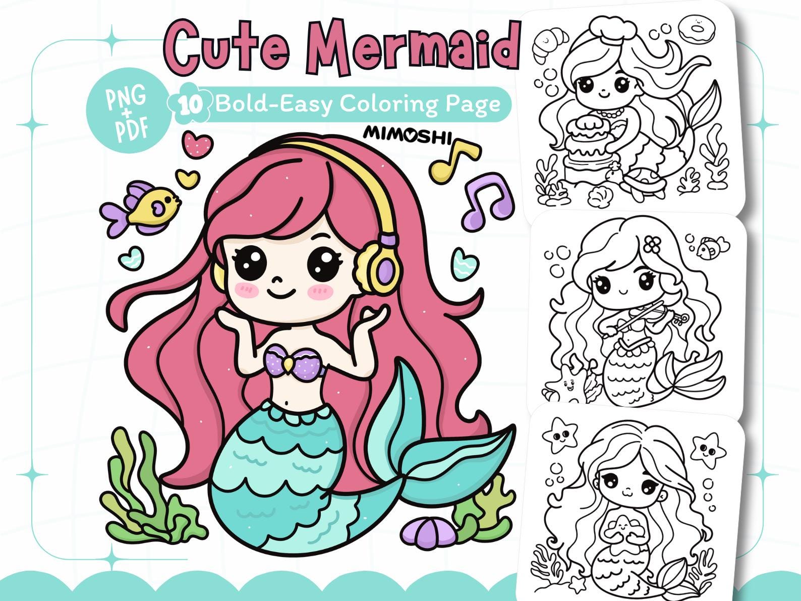 Cute Mermaid Coloring Pages | Printable Under the Sea Art Kawaii Ocean ...