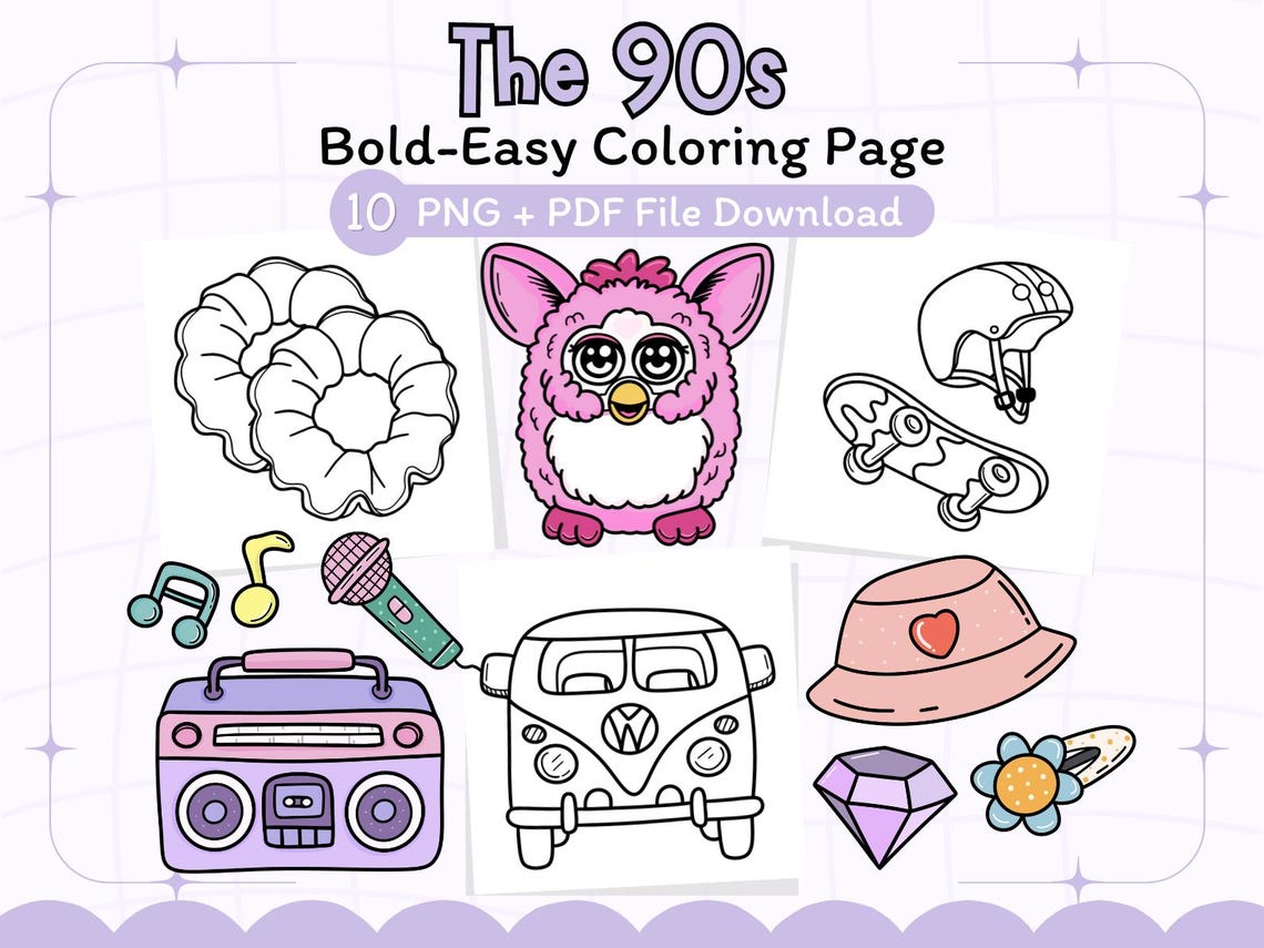 Groovy 90s Coloring Book: Bold & Easy Designs (PNG + PDF) - Etsy