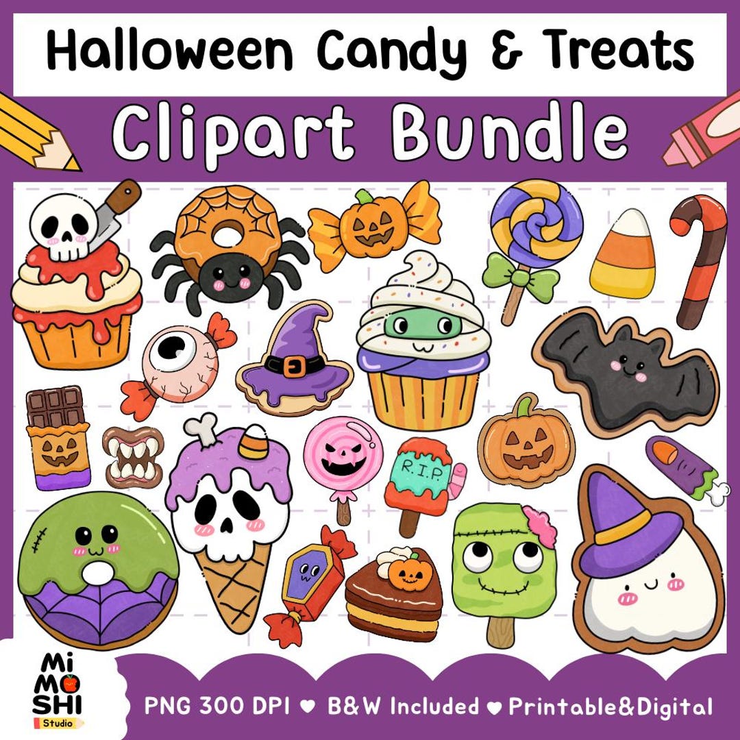 Kawaii Halloween Candy Clipart Bundle: Hand-drawn Sweets & Treats PNG ...