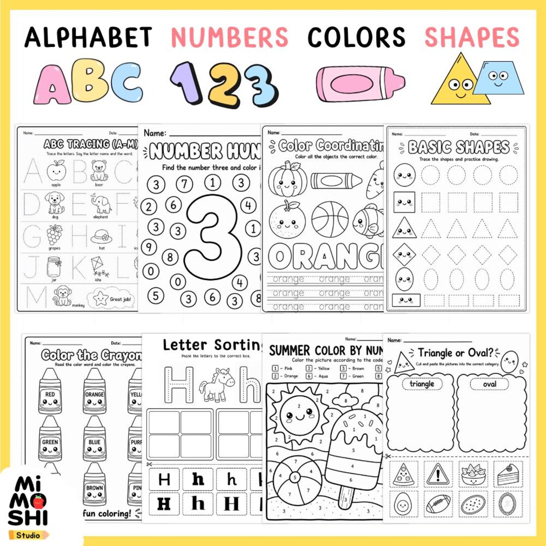 Alphabet Numbers Colors Shapes Worksheets Bundle, Preschool Learning ...