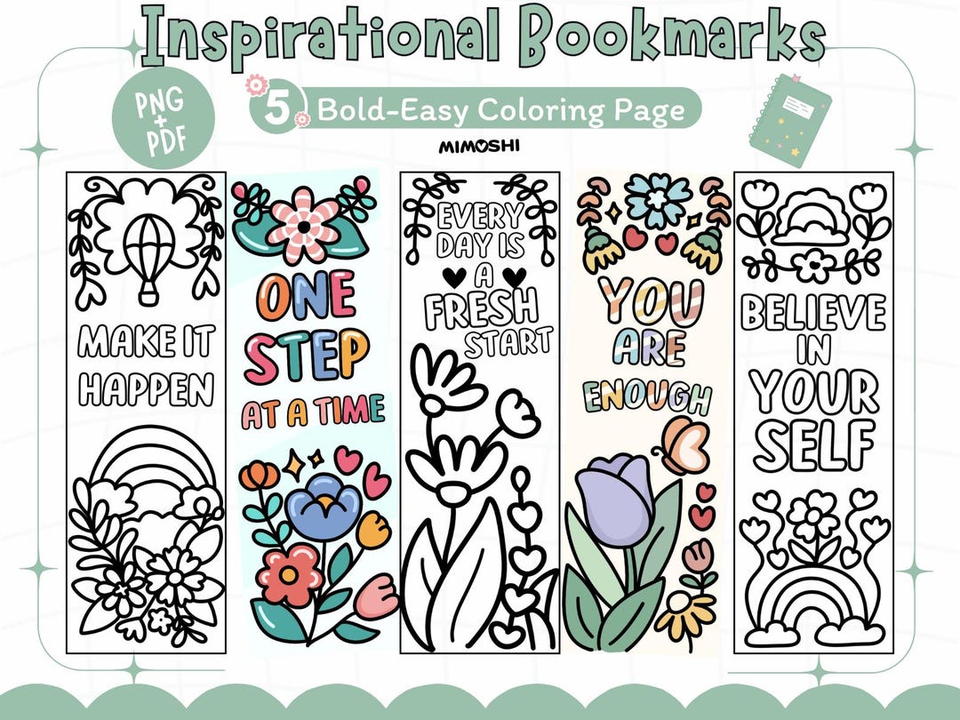Inspirational Coloring Bookmarks: Minimal Boho Floral Quotes (PNG + PDF ...
