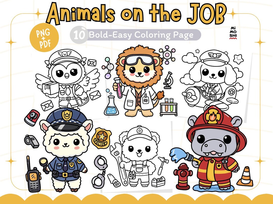 Animals on the Job Coloring Pages: Bold & Easy (PNG + PDF) - Etsy