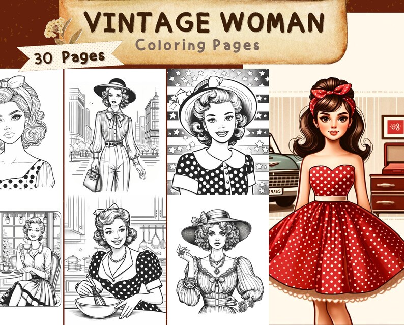 30 Vintage Woman Coloring Pages ,retrofashion,easy to Color,for Adults ...