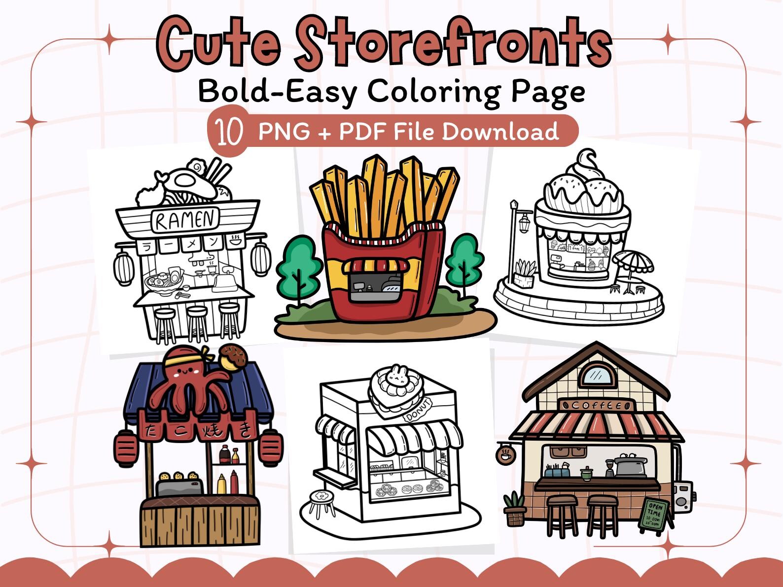 Cute Storefronts Coloring Pages for Adults & Kids , Procreate, PNG ...