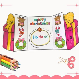 3D Christmas Gift Box Card Craft | Printable Holiday Coloring Activity ...
