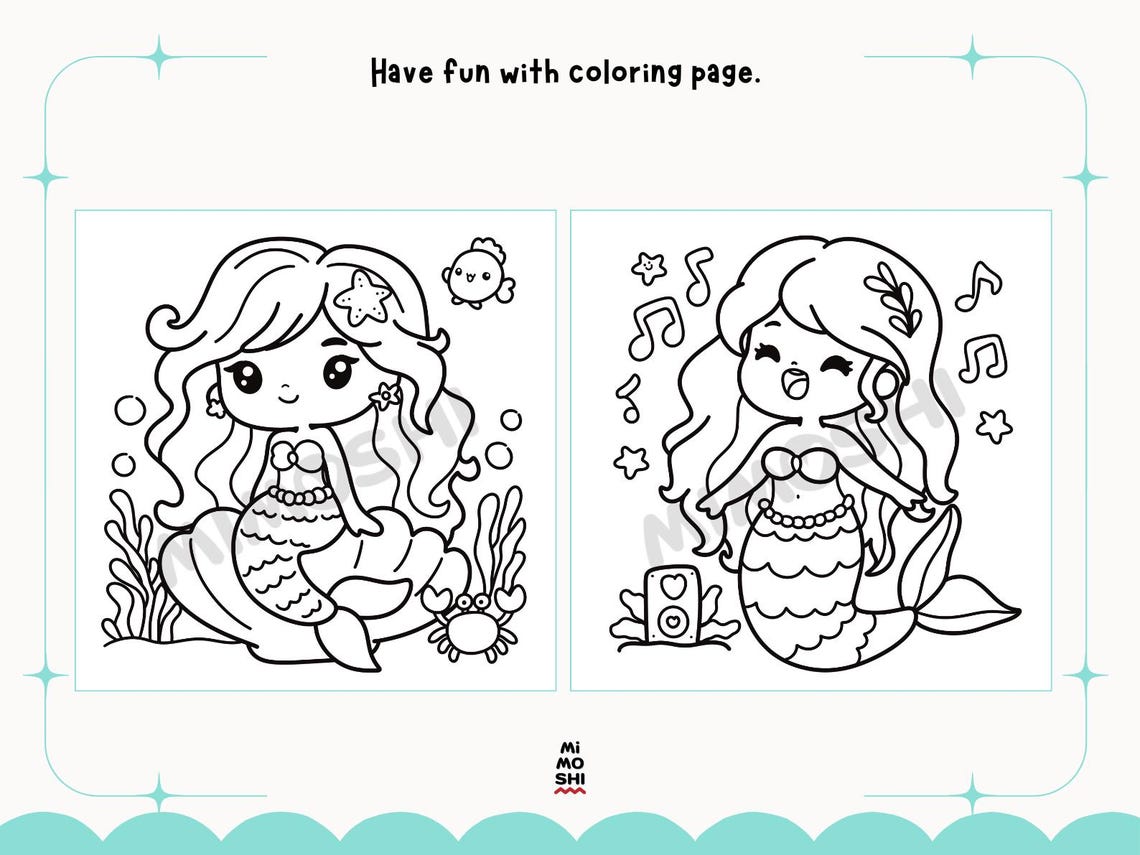 Cute Mermaid Coloring Pages | Printable Under the Sea Art Kawaii Ocean ...