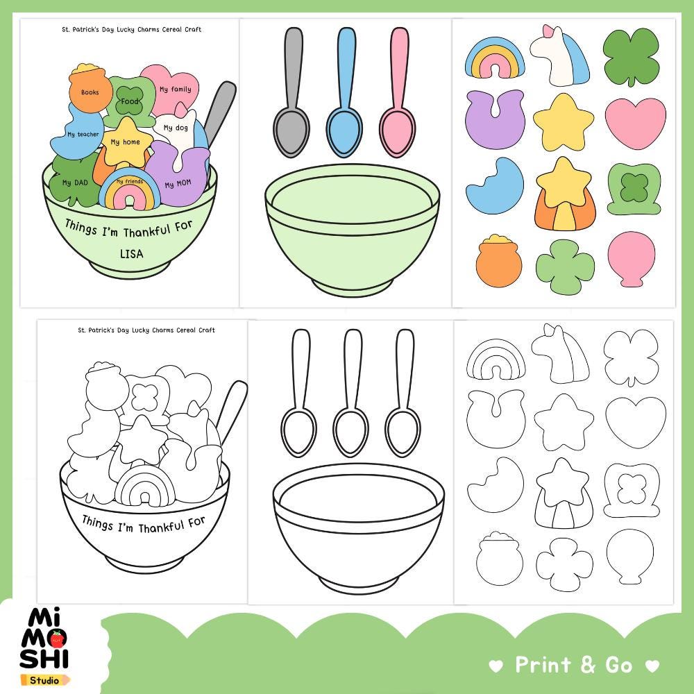 Lucky Charms Cereal Craft | Gratitude Writing Activity (color, B-W ...