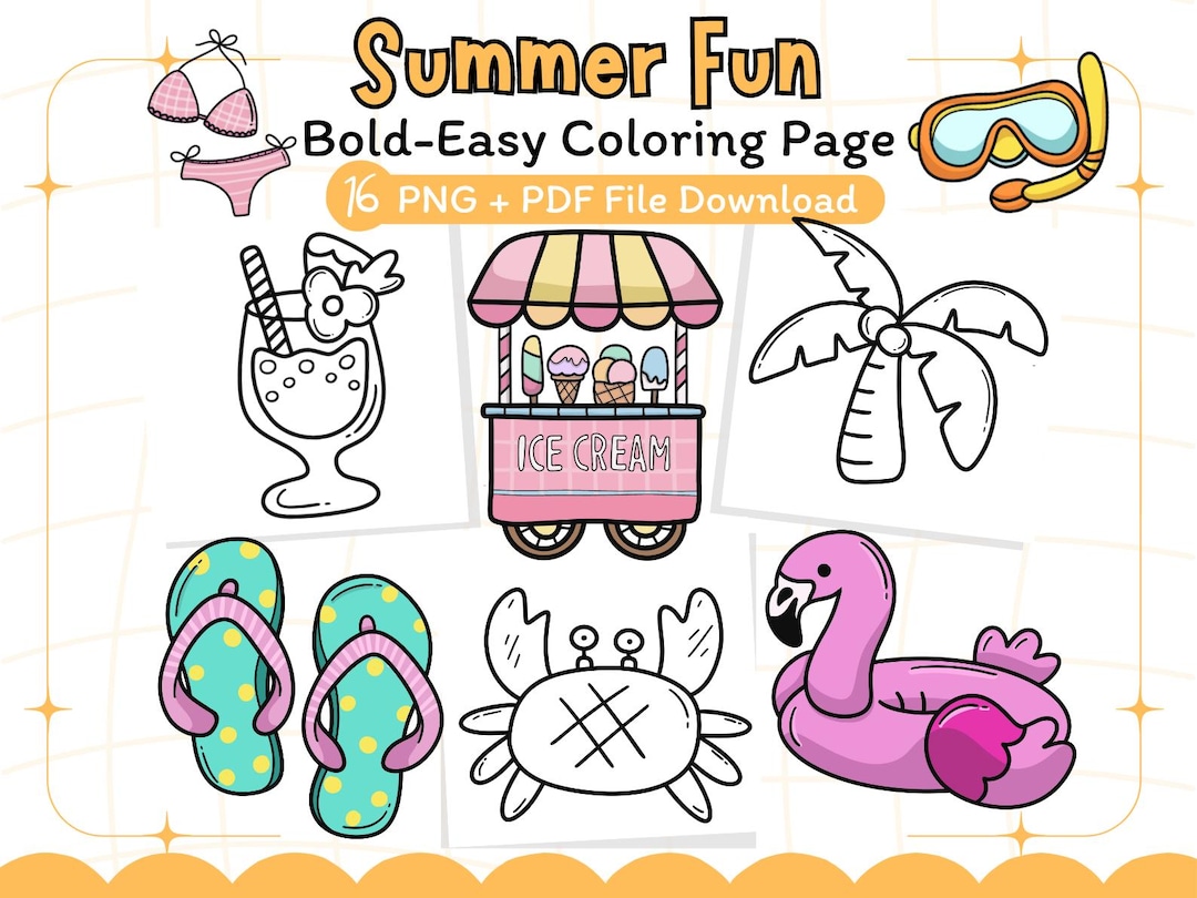 Summer Coloring Pages: Bold & Easy, 16 PNG + PDF (instant Download) - Etsy