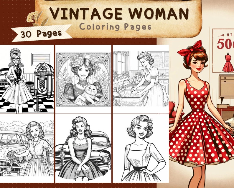 30 Vintage Woman Coloring Pages ,retrofashion,easy to Color,for Adults ...