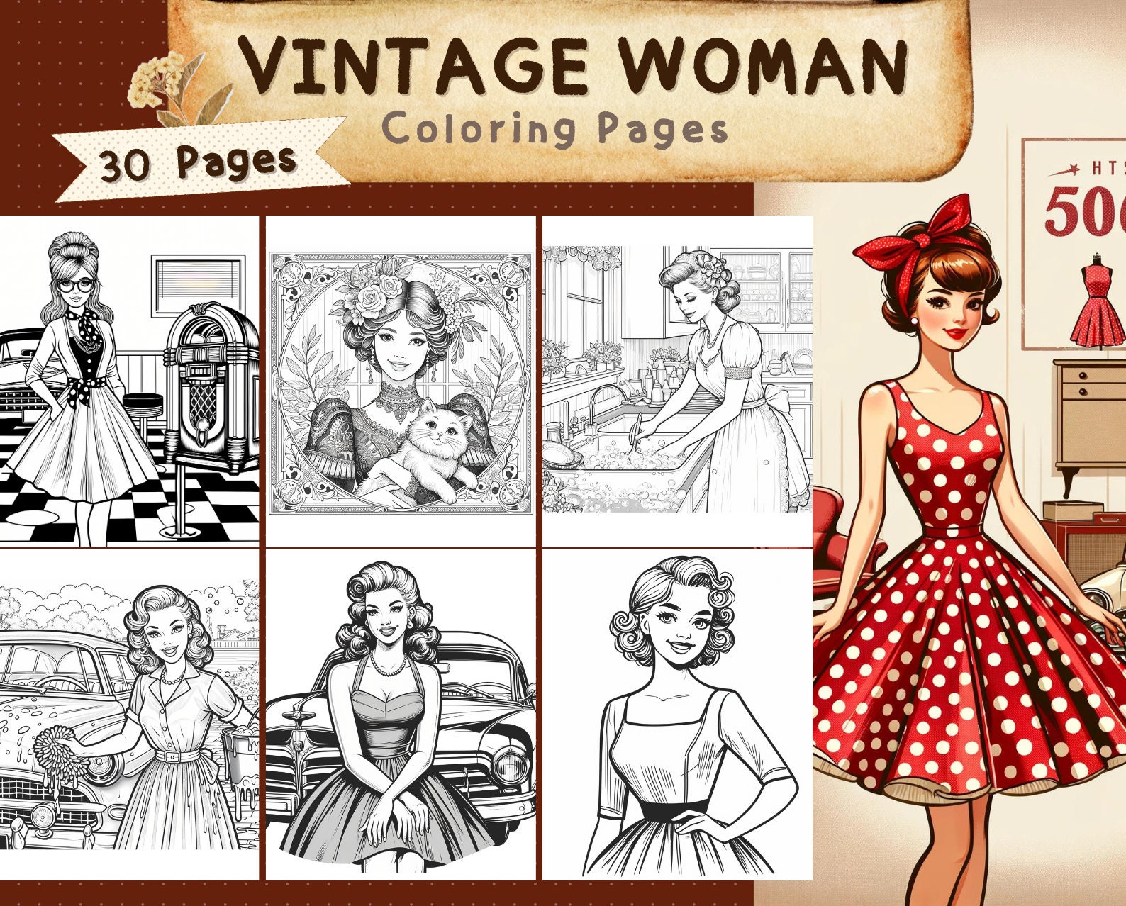 30 Vintage Woman Coloring Pages ,retrofashion,easy to Color,for Adults ...