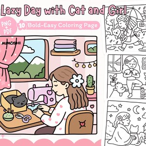 Lazy Day With Cat and Girl Coloring Page – Printable for Kids & Adults ...