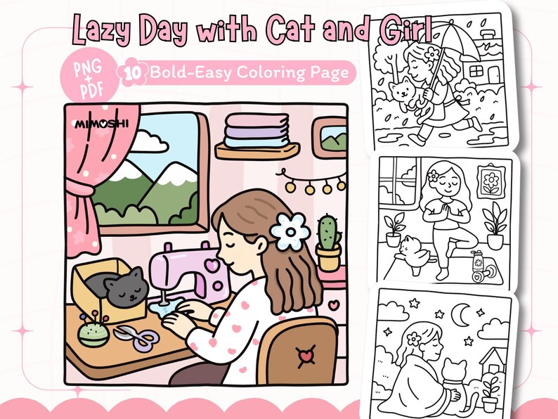 Cat and Girl Coloring Pages: Hand-drawn Lazy Day Scene (PNG+PDF ...
