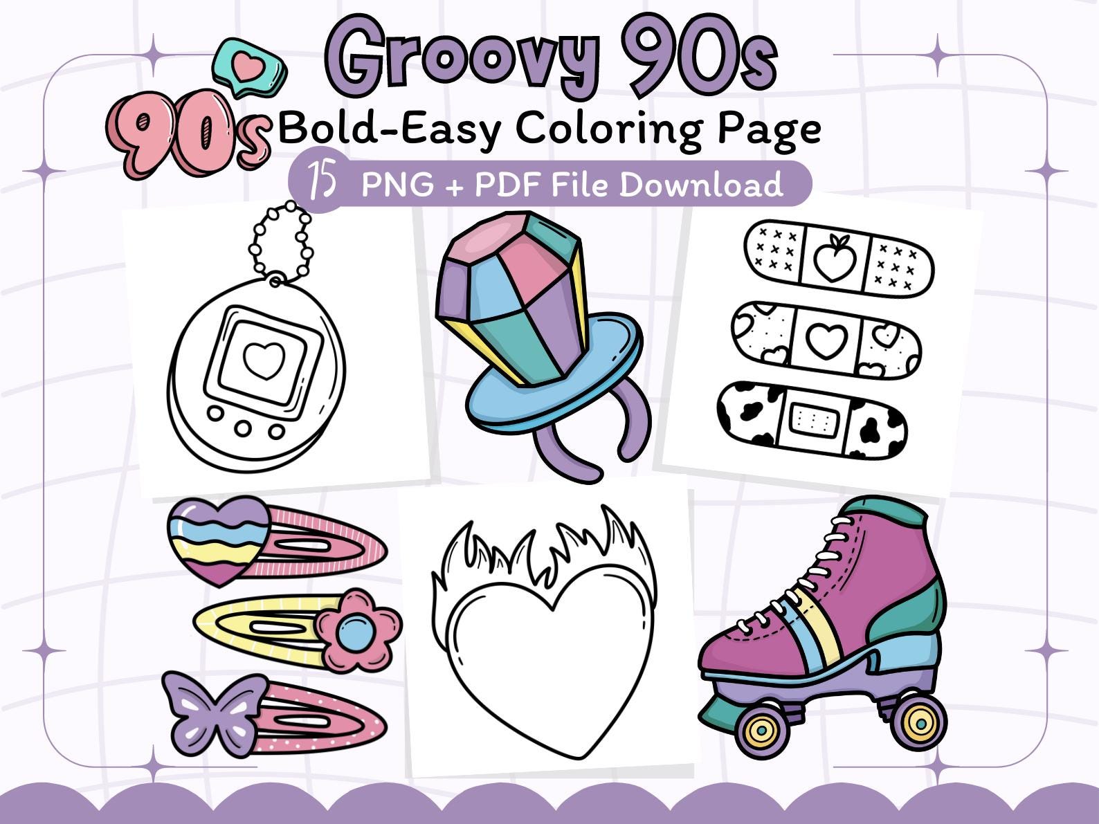 Groovy 90s Coloring Pages, Cute Digital Coloring Book, Printable ...