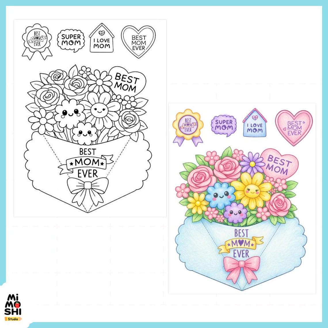 Mother’s Day Flower Bouquet Craft Printable, Kids Coloring Card, DIY ...