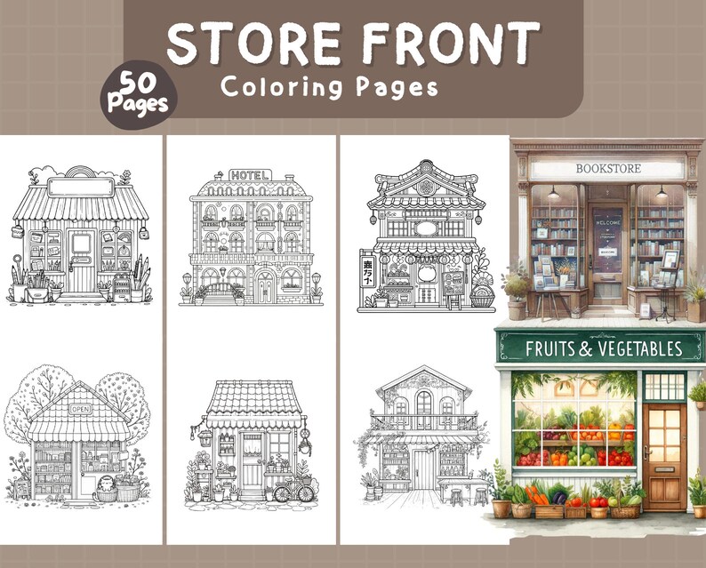 Storefronts Coloring Pages, Easy to Color,for Adults & Kids , Printable ...